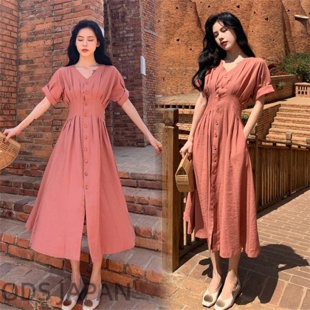 ワンピース レディース マキシワンピース 夏 半袖 ワンピース vネック シャツワンピ 韓国風 ロング丈 着痩せ オシャレ スリーブ リネン シャツロング