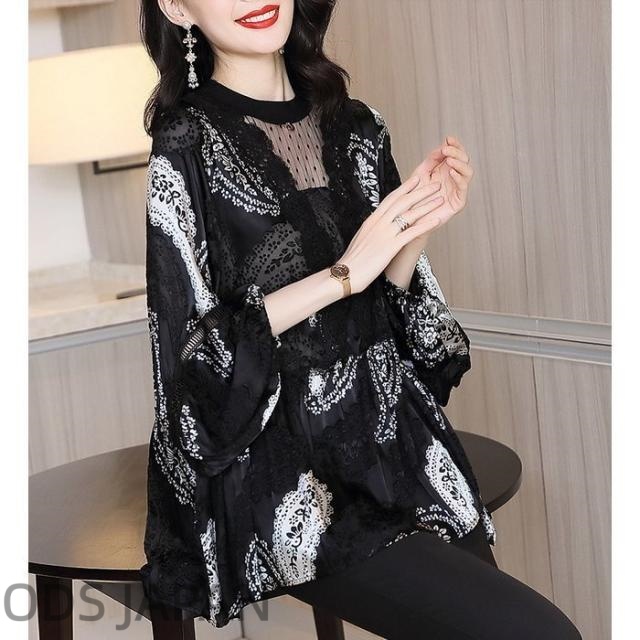 ブラウス レディース 40代 春夏 オシャレブラウス シフォンブラウス レース切り替え おしゃれ プリント 半袖トップス カジュアル韓国風 通勤 ゆったりtシャツ