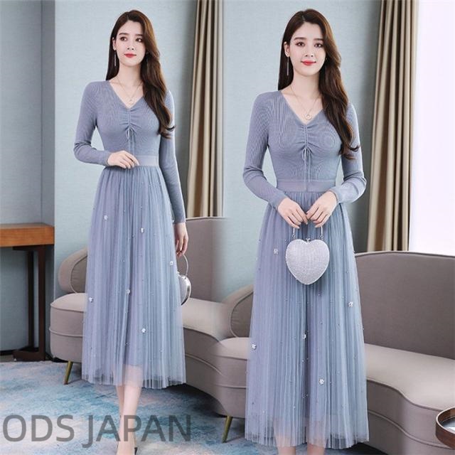 2点セット レディース ニットワンピース ドレス プリーツ チュールスカート メリヤス スカート セーター 長袖 ルロング丈 秋冬 30代 40代 50代 韓国風