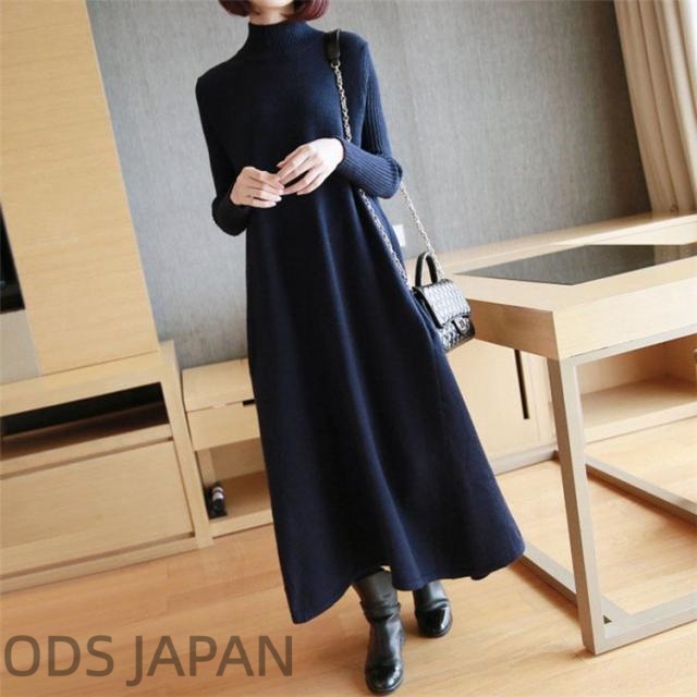 ニットワンピース コーデュロイ レディース ウエスト ハイネック メリヤス セーター 秋冬 40代長袖トップス 韓国風 通勤 OL オシャレ 上品 体型カバー