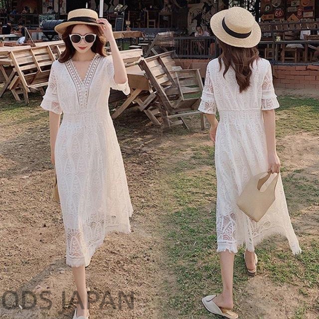 レースワンピース レディース 40代 マキシワンピース 春夏 半袖ワンピース レースドレス vネック オシャレ レース結婚式ドレス お出かけ 大人可愛い30代 50代