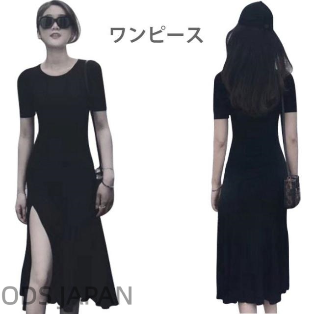 ワンピース レディース 膝丈ワンピース ミディアム丈ワンピース 半袖ワンピース フレア裾 スリット 無地 大人 上品 エレガント レトロ 春夏 春新作