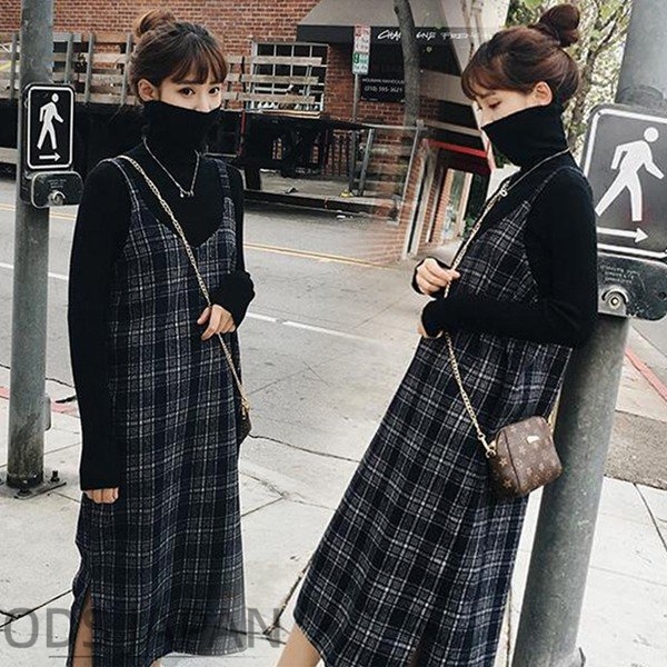 ワンピース レディース 40代 秋冬 マキシ丈ワンピース セットアップ チェック柄 ラシャ 長袖 ニットセーター ハイネック 通勤 上品 ワンピース ロング丈 着痩せ