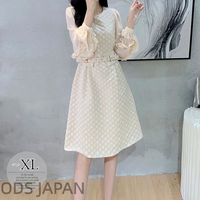 ワンピース ラウンドネック パフスリーブ 長袖 ウエストマーク 膝丈ワンピ キュート 甘め ガーリー 食事会 清楚 定番 キレイ目 休日スタイル 女子旅