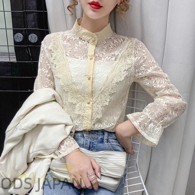 長袖シャツ 秋シャツ レディース シャツ 透け感 きれいめ カジュアルシャツ スタンドカラー レースシャツ 長袖 秋服 おしゃれ 着回し 日常感 きれいめ 女性着