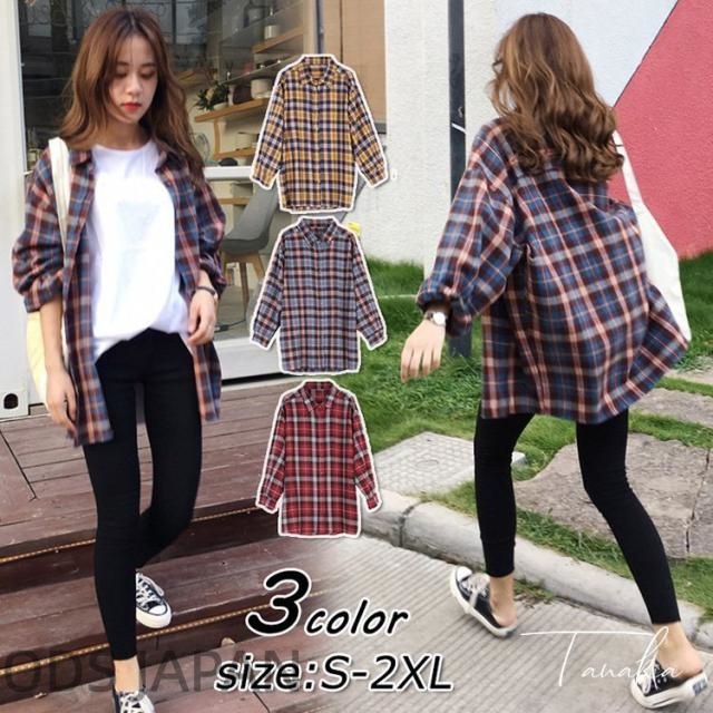 ブラウス レディース 春 夏 秋 長袖 ブラウス おしゃれ チェック柄トップス ミディアム丈シャツ オーバー カジュアル韓国風 大きいサイズシャツ 30代 40代