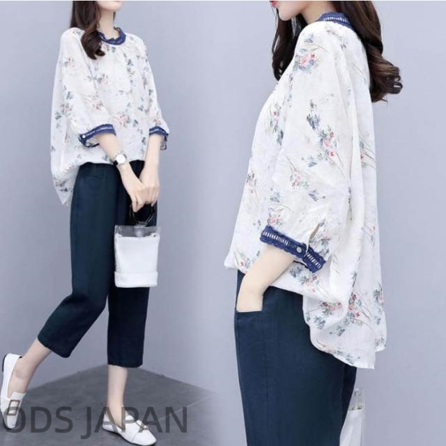 セットアップ レディース カジュアル 夏 40代 きれいめ  五分袖 七分丈パンツ   2点セット 体型カバー 通勤 OL オシャレ 大人 上品 着痩せ