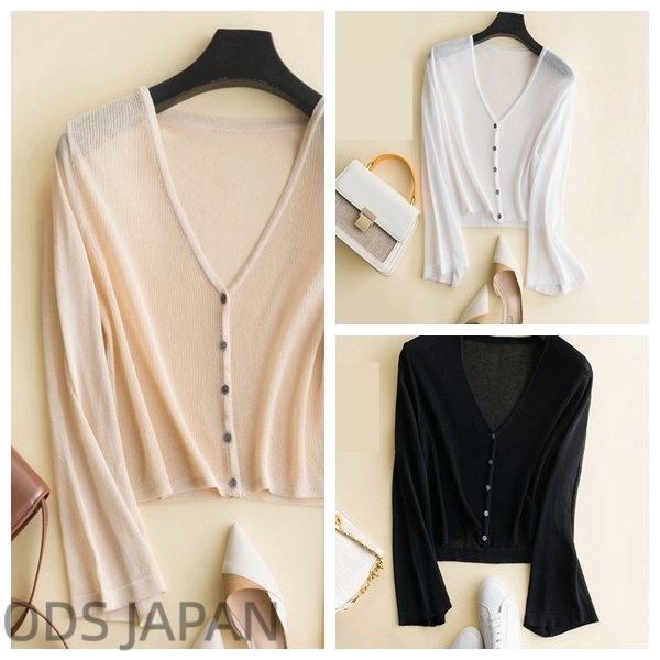 カーディガン レディース UVカット 長袖 透け感 ニット 羽織り トップス 冷房対策 紫外線対策 夏 大きいサイズ カジュアル 無地 白 黒 ショットカーディガン