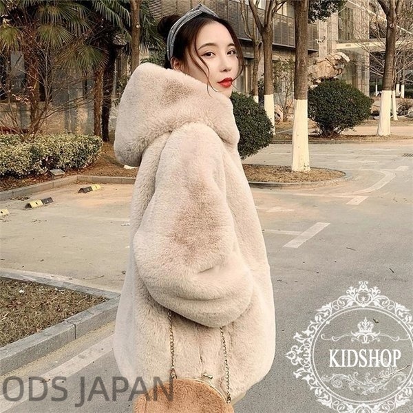 ムートンコート レディース 毛皮コート ミディアム丈 秋 冬 フェイクムートン ファーコート アウター もこもこ 体型カバー ゆったり 防寒 フード付き 通勤 30代