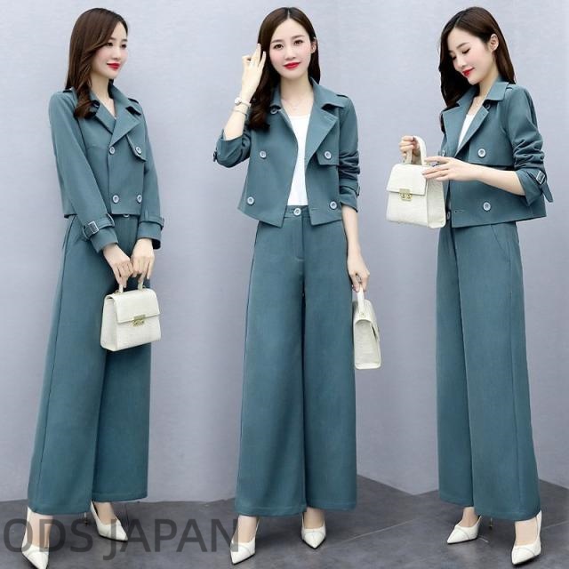 セットアップ レディース 40代 秋冬新作 長袖スーツジャケット無地 ワイドパンツ 2点セット 通勤 フォーマル カジュアル オシャレ 上品 大きいサイズ