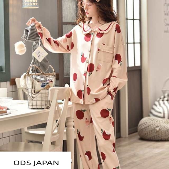 パジャマ レディース 綿 グレー Vネック 前開き アップル 大きいサイズ ポケット 上下セット オレンジ ナイトウェア ルームウェア 薄手 ねまき 部屋着 長袖 春秋 柔らかい 秋冬 肌に優しい やわらか 女性 出張 お泊り 外出 吸汗 シンプル JITIFA