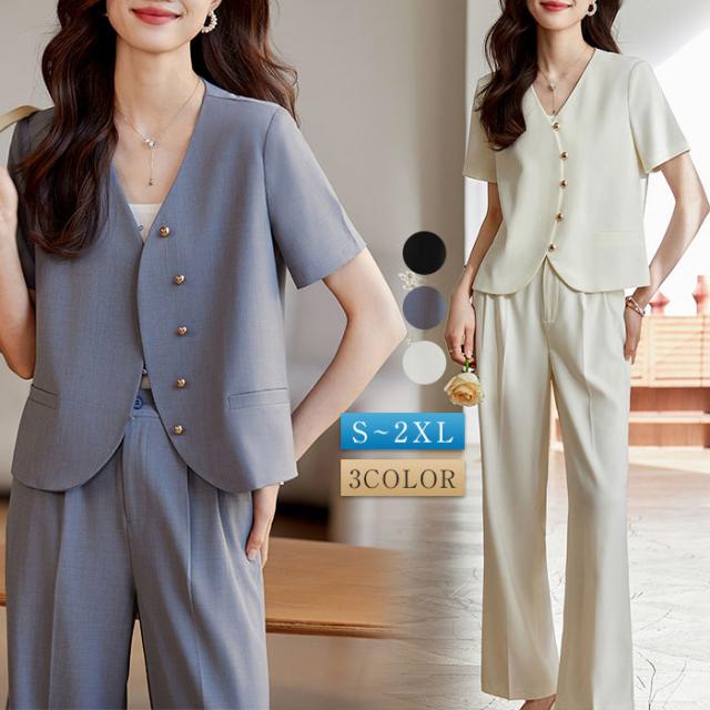 夏 スーツ パンツスーツ レディース Vネック 半袖ジャケット セットアップ ロング丈 ビジネス リクルート オールシーズン 洗える 春 秋 大きいサイズ 上品 ジャケット 半袖 2点セッ 入学式