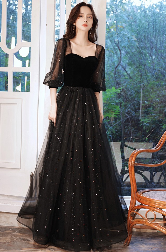 パーティードレス ロング 袖あり 半袖 カラードレス ロングドレス 黒 結婚式 お呼ばれ ドレス 演奏会 韓国 フレア Aライン パフスリーブ 大きいサイズ 小さいサイズ ハイウエスト 体型カバ 3L