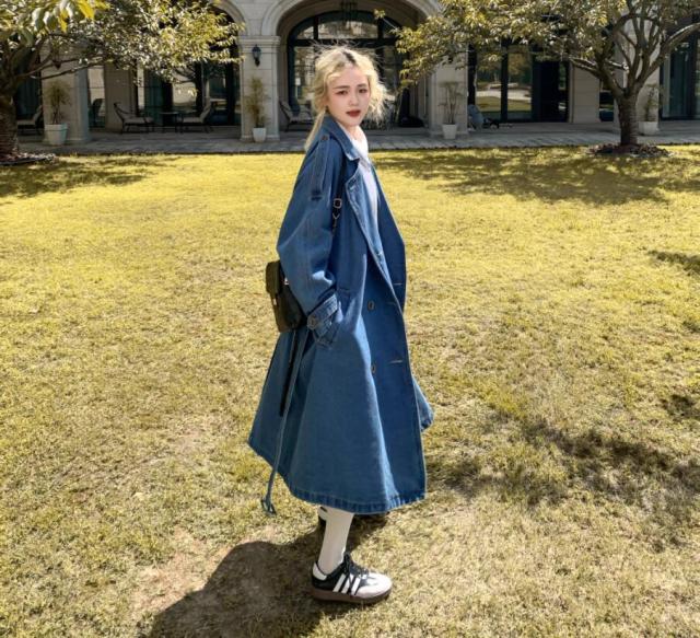 超ロング丈デニムコートマキシ丈 トレンチコートベルト付き デニム