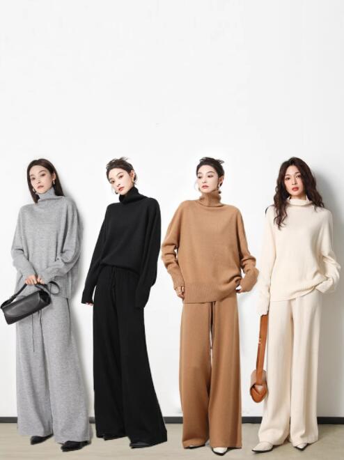 ニットセットアップ レディース パンツスーツ 2点セット 秋冬 ニットトップス ワイドパンツ ハイネック 長袖 ロング ニットパンツ ゆったり 体型カバー