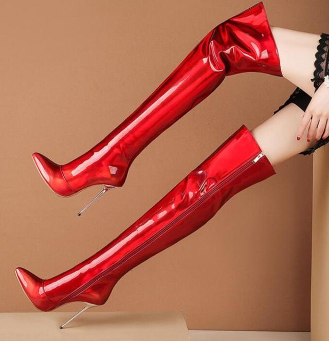 レディースブーツニーハイブーツエナメル12.5cm超ハイヒール光沢ロング丈秋冬春秋サイハイブーツ大きいサイズ