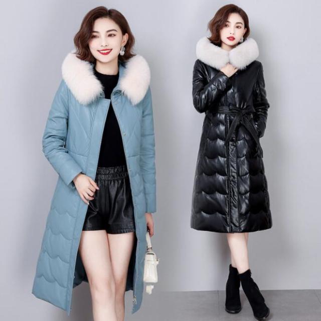 ダウンコートレザージャケット フード付きファー付き レディース ダウンロング丈 トレンチコート ライダース レザージャケット 革ジャン