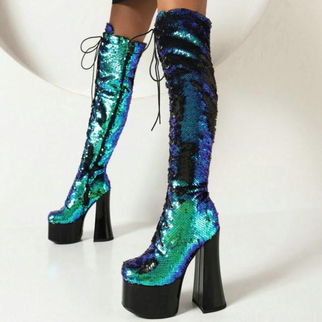 レディースブーツロングブーツ編み上げブーツ15センチキラキラ超ハイヒール光沢ロング丈秋冬春秋サイハイブーツ