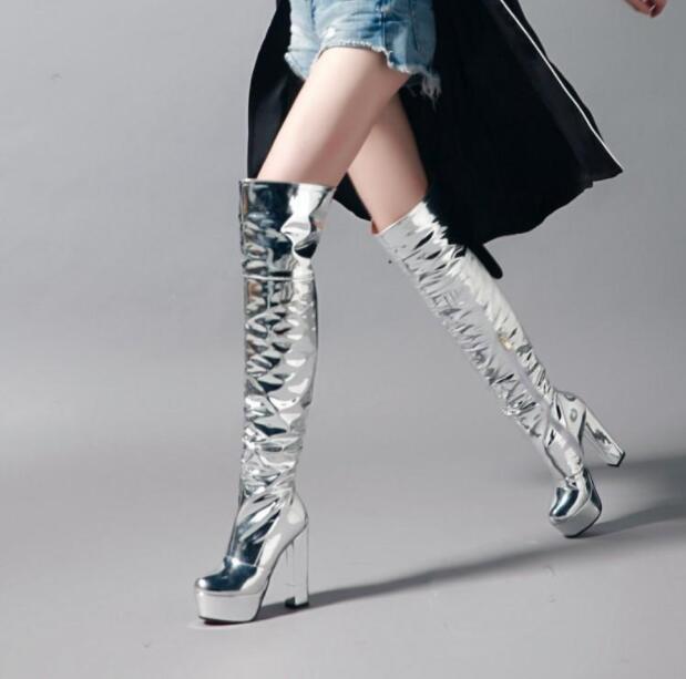 レディースブーツニーハイブーツエナメル12.5cm超ハイヒール光沢ロング丈ダンス舞台サイハイブーツ大きいサイズ
