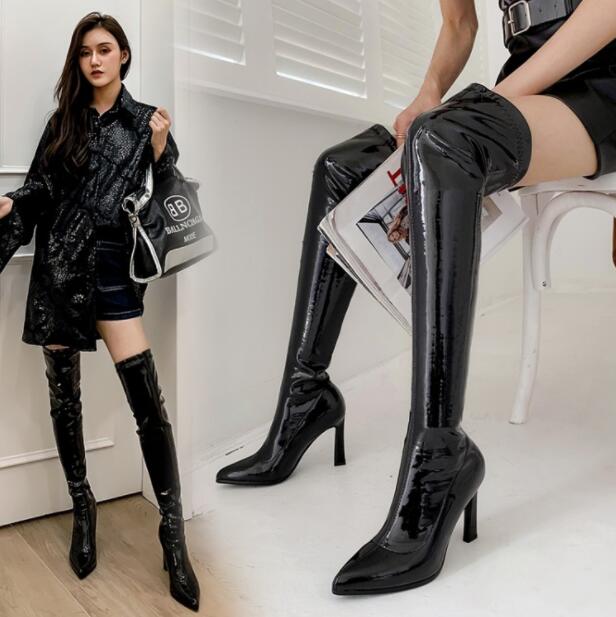 ニーハイブーツ 美脚 大きいサイズ ストレッチ エナメルブーツ ロングブーツ ロング ブーツ ヒール ハイヒール ピンヒール