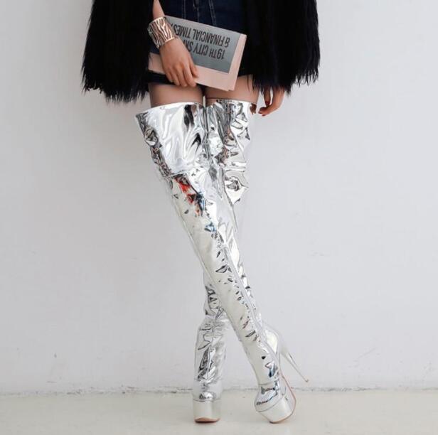 レディースブーツニーハイブーツエナメル16cm超ハイヒール光沢ロング丈秋冬春秋サイハイブーツ大きいサイズ