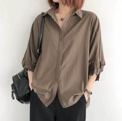 トップス シャツ 七分袖 フリル 薄手 かわいい きれいめ シンプル カジュアル 大人 上品 おしゃれ かっこいい レトロ こなれ感 ラフ 抜け感 無地 春 夏 秋 20代 レディース 前開き 10代