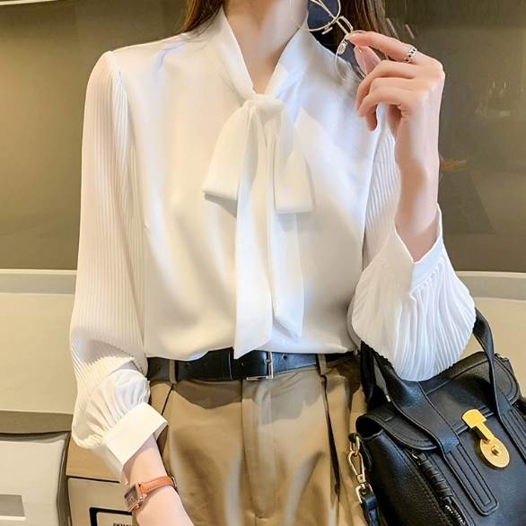 トップス シャツ シフォン 長袖 襟なし スカーフ付き かわいい きれいめ シンプル 大人 上品 おしゃれ かっこいい レトロ こなれ感 クール フォーマル 個性的 存在感 無地 オールシーズ 主役級