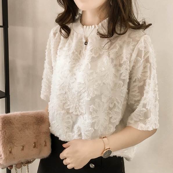 トップス シャツ ブラウス 袖付き 5分袖 襟なし ラウンドネック シースルー 透け感 かわいい 大人可愛い きれいめ シンプル 大人 上品 おしゃれ かっこいい レトロ こなれ感 キュート 大人女子