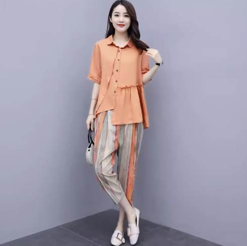 ２点セット セットアップ ブラウス クロップドパンツ ミモレ丈 5分袖 襟付き スタンドカラー 前開き ウエストゴム 大人可愛い きれいめ カジュアル 大人 上品 お洒落 大人女子 こなれ感 おしゃれ