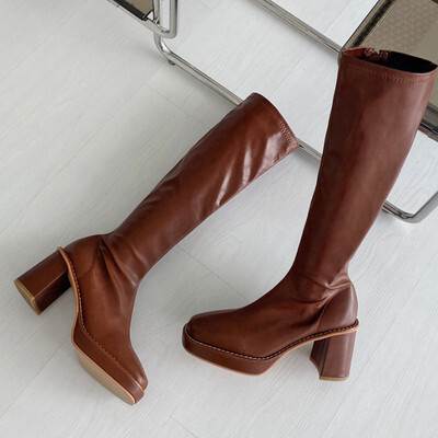 レディース ブーツ ロングブーツ 太ヒール チャンキーヒール スクエアトゥ 防寒 美脚 脚長 ファスナー ジッパー サイドジッパー サイドファスナー スキニー レザー フェイクレザー 大人可愛い 革