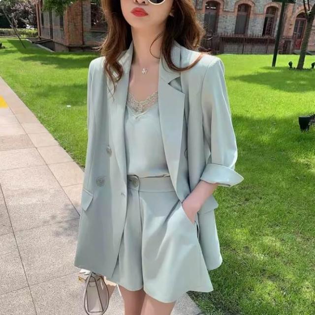 3点セット レディース トップス ジャケット ボトムス スーツ セットアップ テーラードジャケット ショートパンツ ショート 7分袖 キャミソール きれいめ おしゃれ とろみ感 無地 春 夏 抜け感