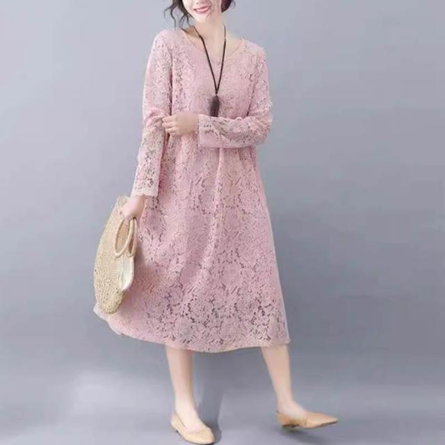 ワンピース ロング丈 袖あり 半袖 ラウンドネック 襟なし ルーズ Aライン レース ふわふわ 透け感 プルオーバー 薄手 大人可愛い きれいめ シンプル カジュアル 上品 かっこいい レトロ 大人