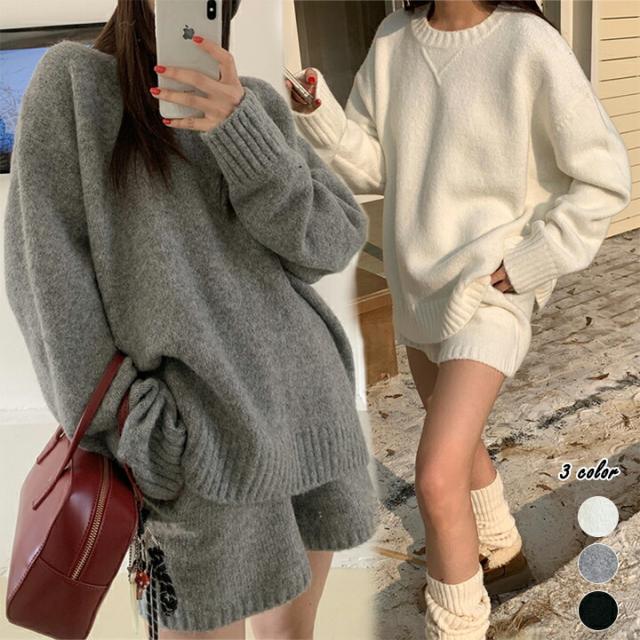 ニット セットアップ ショートパンツ レディース 秋冬 ニットセットアップ 長袖 セーター プルオーバー パンツ ニットパンツ 2点セット 上下セット 重ね着 風 リブニット 厚手 クルーネ ゆったり