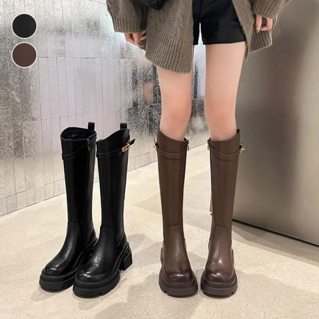 ロングブーツ レディース 秋 冬 韓国 厚底 ブーツ ジョッキーブーツ ラウンドトゥ サイドジッパー ベルト 靴 シューズ 美脚 通勤 通学 カジュアル 裏起毛 裏起毛なし 韓国ファッション オシャレ