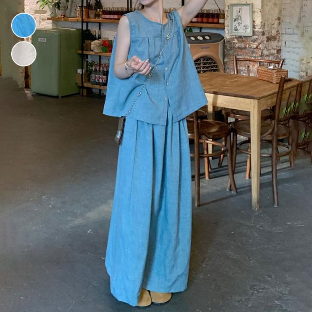 セットアップ レディース ノースリーブ シャツ ロングスカート 2点セット 上下セット 夏 カジュアル Aライン きれいめ 可愛い お洒落 ボトムス 韓国風セットアップ 韓国ファッション トップス