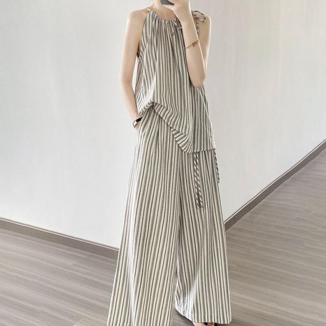 2A32 コットン100%セットアップ レディース トップス ワイドパンツ 2点セット 上下セット ストライプ カジュアル レトロ 春 夏 ノースリーブ ゆったり シンプル 韓国ファッシ ワイドレッグ