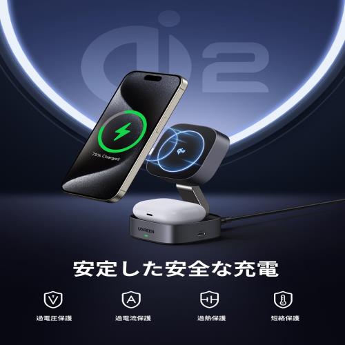 UGREEN MagFlow Qi2 ワイヤレス充電器 15w magsafe対応 折りたたみ式 マグセーフ 充電スタンド 2IN1＋2＊USB Cポート iPhone 16/16 Plus/15 Pro/15 Pro Max/14/13/12 シリーズ、AirPods 3/2/Pro など (USB C充電アダプタなし)