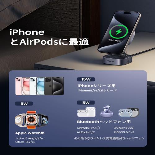UGREEN MagFlow Qi2 ワイヤレス充電器 15w magsafe対応 折りたたみ式 マグセーフ 充電スタンド 2IN1＋2＊USB Cポート iPhone 16/16 Plus/15 Pro/15 Pro Max/14/13/12 シリーズ、AirPods 3/2/Pro など (USB C充電アダプタなし)