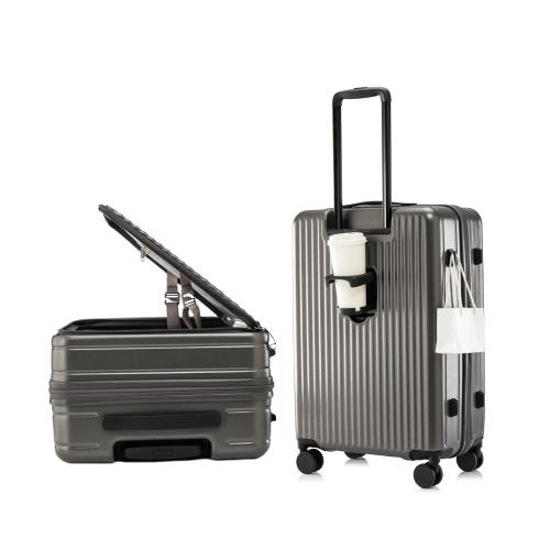 [Yuweijie] スーツケース キャリーケース 片開き 拡張機能付き フロントオープン 大容量 機内持ち込み 超軽量 ファスナータイプ カップホルダー付き TSAロック キャリーバッグ 横開き ビジネス 旅行 出張 一週間 チャコールグレー 70〜85リットル Lサイズ 7泊