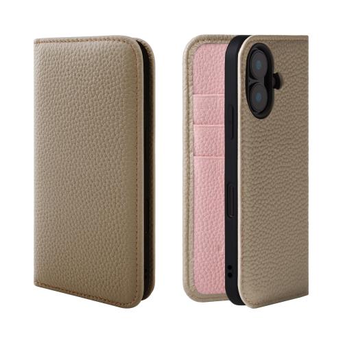 HANATORA iPhone16 ケース 手帳型 本革 スマホケース スマホ スタンド コードホルダー 付き シュリンクカーフレザー ギフト マグネットなし グレージュ + ピンク PH-16-Grege-PK ギフト 誕生日ギフト 女性 彼女 お母さん お父さん 人気商品 30代 40代 50代 60代 70代