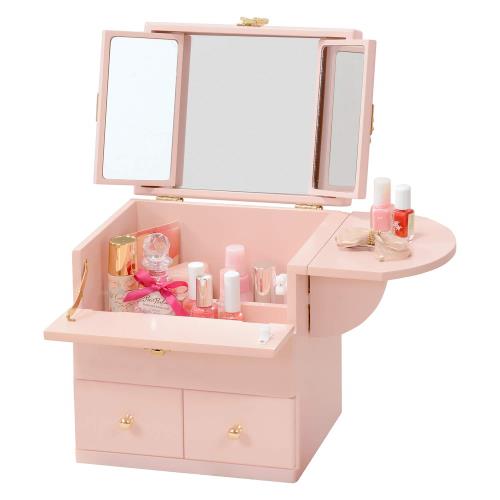 萩原 メイクボックス コスメボックス コスメ 化粧品 メイク道具 収納 コンパクトなのに三面鏡引き出し 鏡 ミラー 軽量 幅26×奥行19×高さ31 ピンク MUD-6930PI