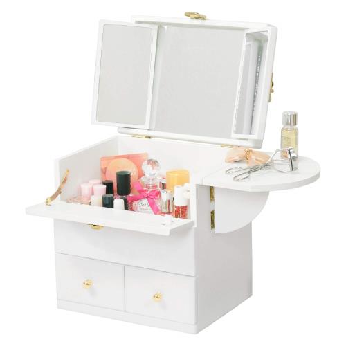萩原 メイクボックス コスメボックス コスメ 化粧品 メイク道具 収納 コンパクトなのに三面鏡引き出し 鏡 ミラー 軽量 幅26×奥行19×高さ31 ホワイト MUD-6930WH