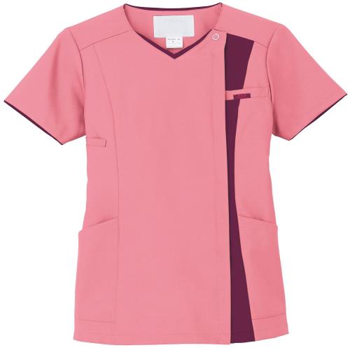 [フォーク] スクラブ・白衣 7023SC レディース ピンク×バーガンディ S (日本サイズS相当)
