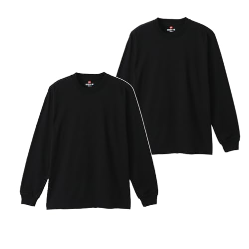 [ヘインズ] ビーフィー ロングスリーブ ロンT Tシャツ 長袖 丸首 BEEFY-T 綿100% 丸胴仕様 タグレス仕様 ビーフィロングスリーブTシャツ 2枚組 肉厚生地 無地 H5186-2 メンズ ブラック L