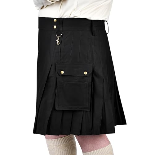 Highland Redstone スコットランド デザイナー ユーティリティ キルト メンズ トラディショナル ハイランド ソリッド プリーツ バックル ストラップ コスチューム キルト, ブラック, 30