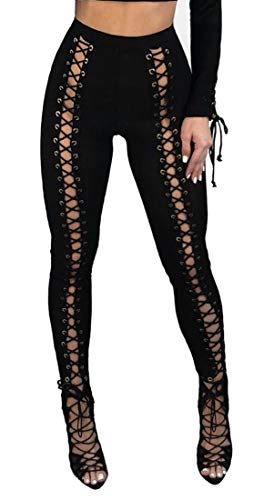 Rainbow Town レディース レースアップ レギンス シック パンク スキニーパンツ スリミングパンツ ジム カプリ S-XL US サイズ: Large カラー: ブラック