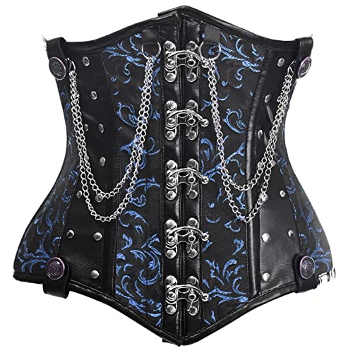 Daisy Corsets レディース トップ引き出し ブラック/ブルー スチールボーン入りアンダーバストコルセット チェーンとクラスプ付き, ブラック/ブルー, Medium