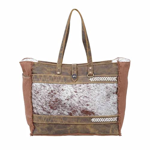Myra Bag Brown 牛革 財布 - ソルトアンドペッパー 女性用牛革パース フローラルコンチョ、レザーアクセント、ジグザグステッチ&アローステッチデザイン、グランジブラウンレザーアクセント、女性用ウエスタンパース, マルチカラー