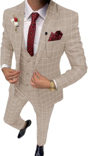 Aesido ビジネスメンズスーツ スリムフィット 3ピース ダブルブレスト 通気性 TRチェック柄 薄手 プロムタキシード ブレザー ウェディング 花婿 US サイズ: 42 カラー: ベージュ