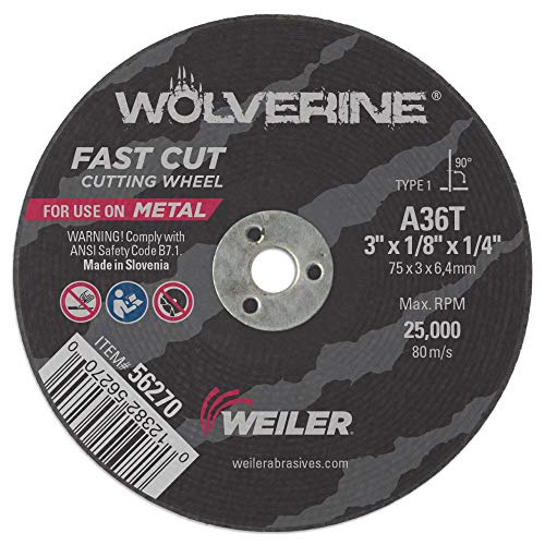 Weiler 56270 3インチ x 1/8インチ ウルヴァリン タイプ1 カッティングホイール A36T 1/4インチ A.H (50個パック)